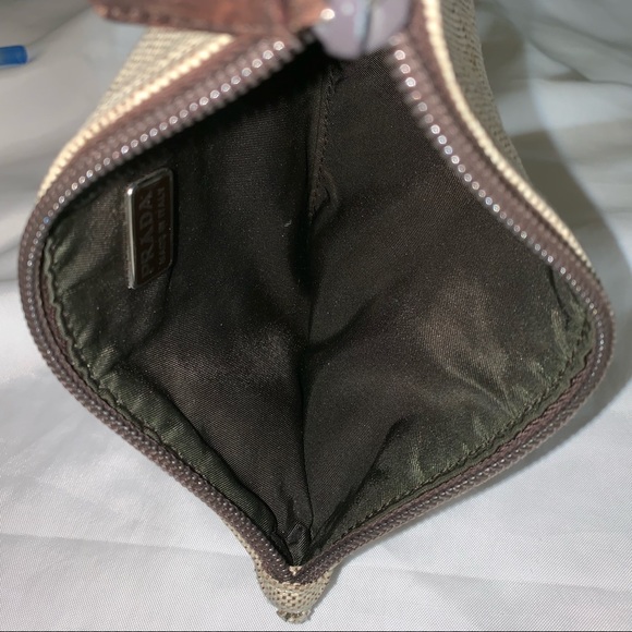 Prada | Bags | Prada Zip Top Pouch Makeupbag Clutch Tan Linen | Poshmark